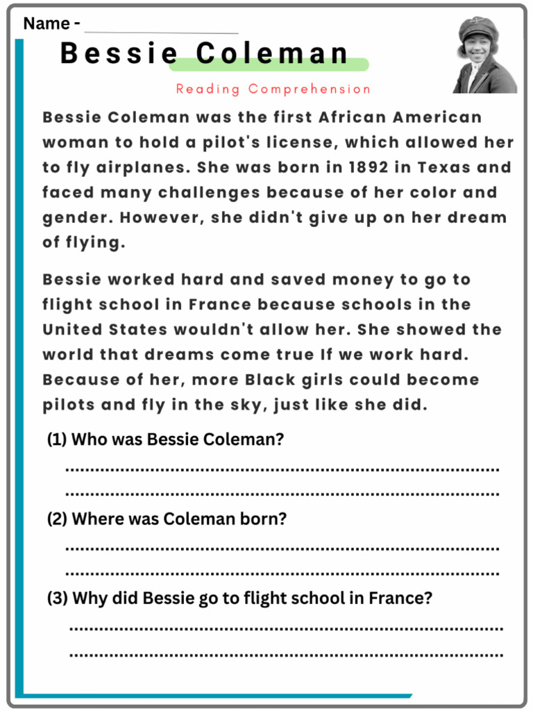 Bessie Coleman Reading Comprehension Activity (Grades 1 - 3) | PDF