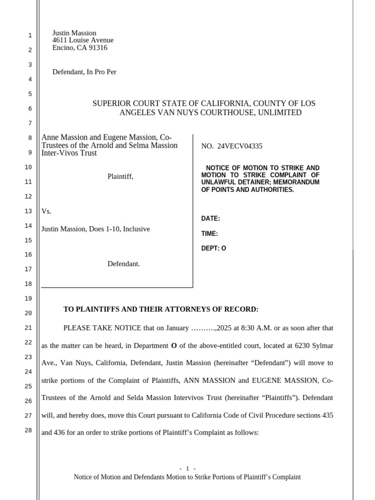 Motion to Strike Unlawful Detainer Complaint | PDF | Pleading | Complaint