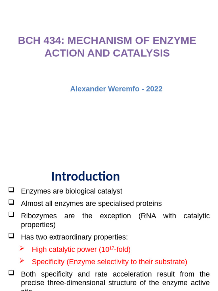 BCH 434 - Lecture Notes - 2022-Part 1 | PDF | Active Site | Enzyme