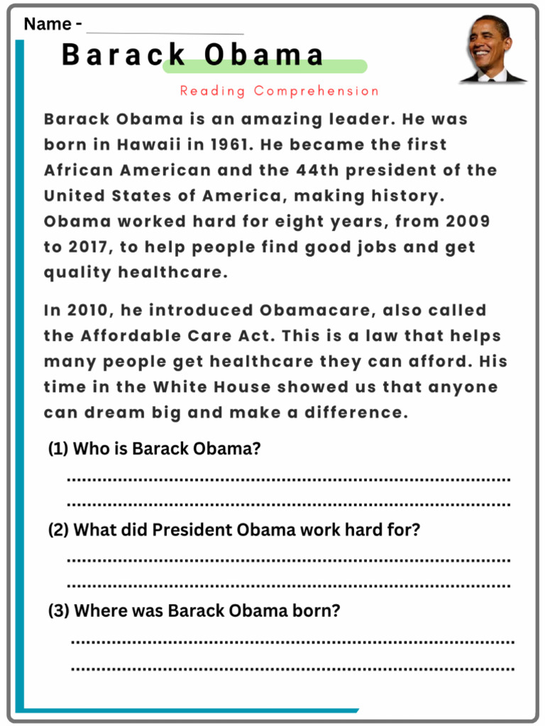 Barack Obama Reading Comprehension Activity (Grades 1 - 3) | PDF