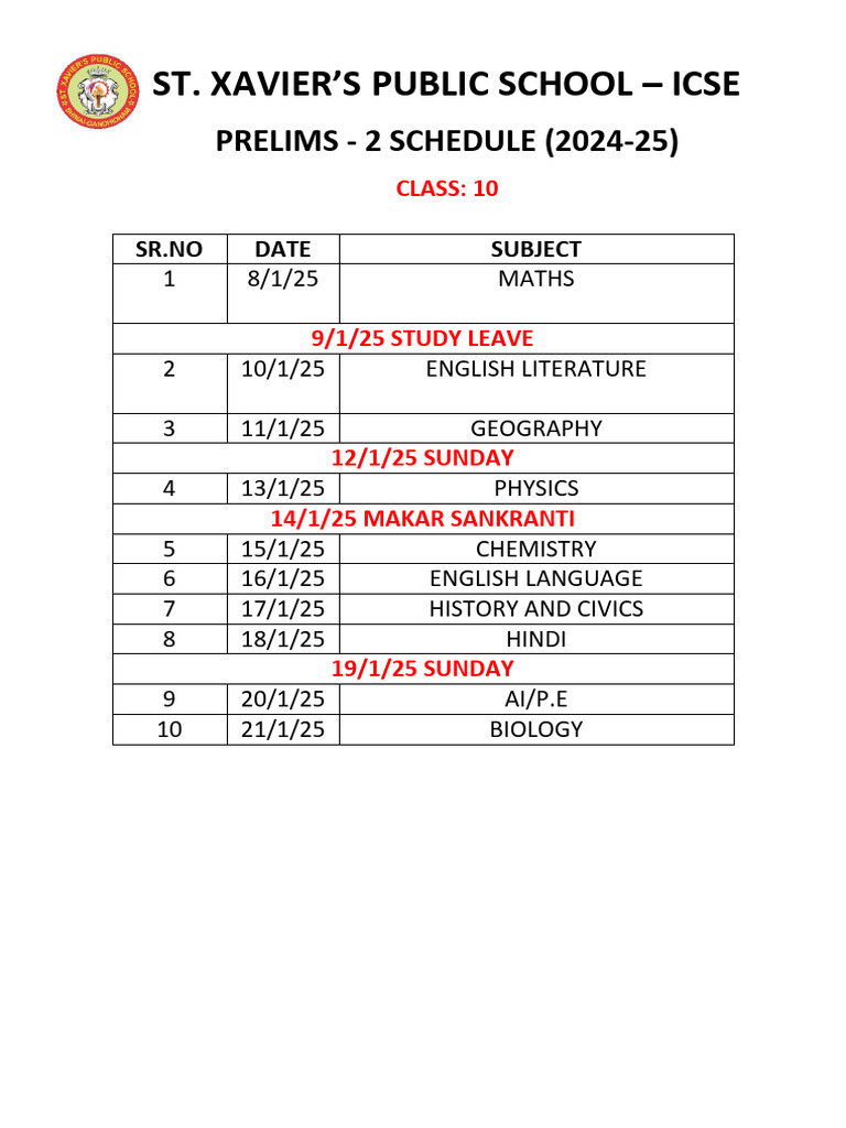 Class 10 Prelim - 2 Schedule | PDF