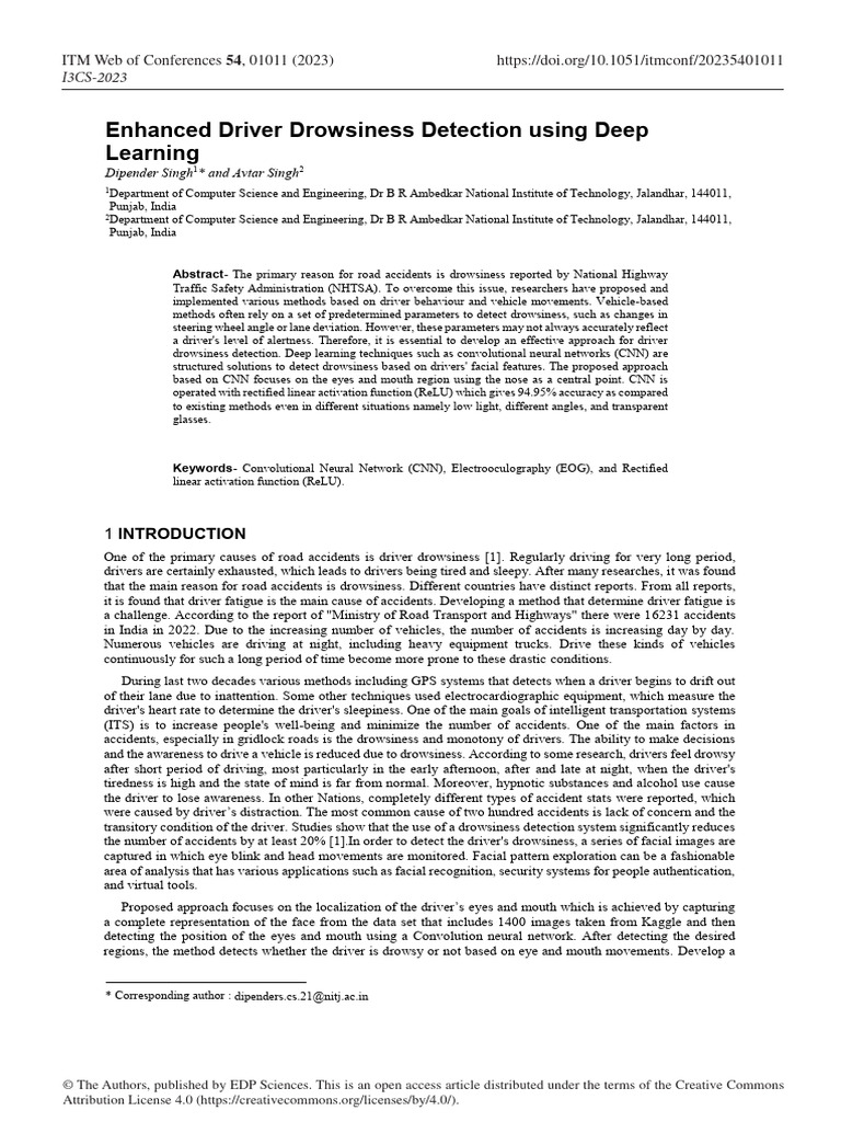 Enhanced Driver Drowsiness Detection Using Deep Learning for Pro Abstract | PDF
