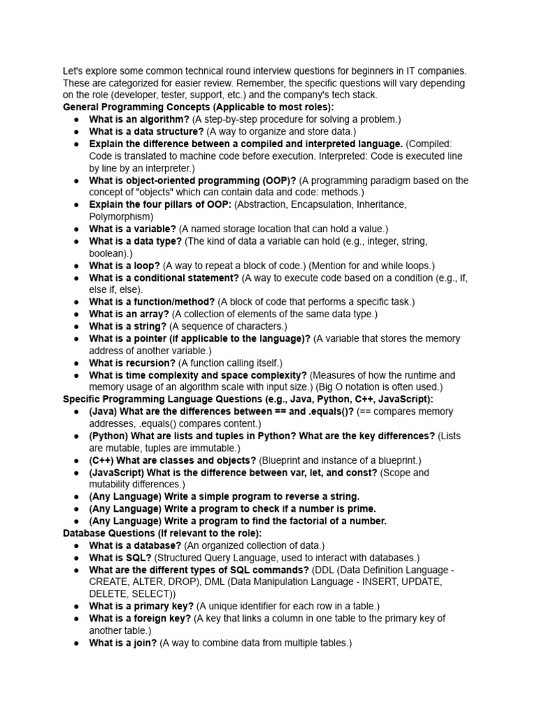 Technical round questions -in it company for begin... | PDF | Sql ...