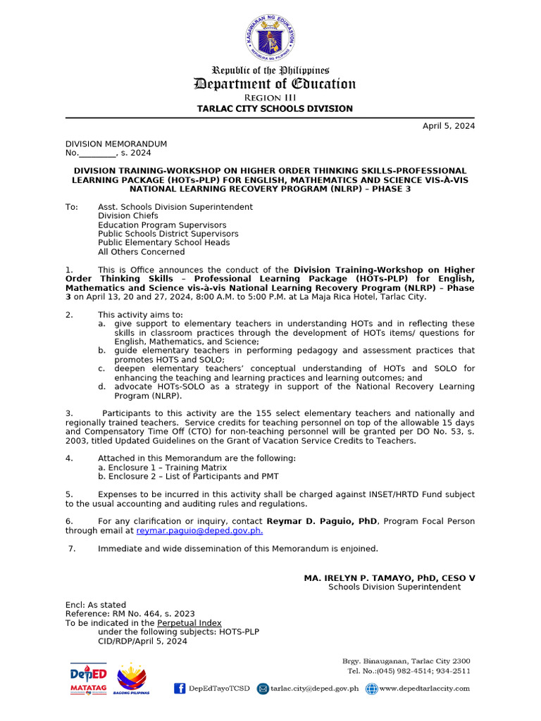 Memo - HOTS PLP - Phase 3 With Matrix Final | PDF | Hierarchy ...