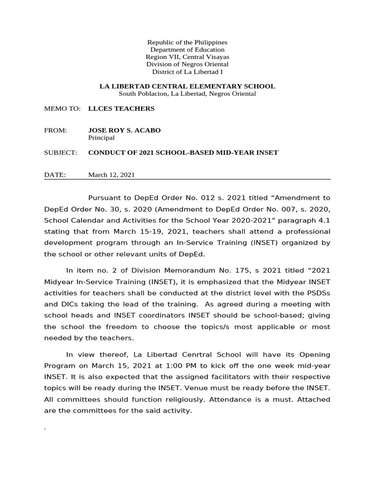 2021 Mid-Year INSET Memo for Teachers | PDF | Public Administration ...