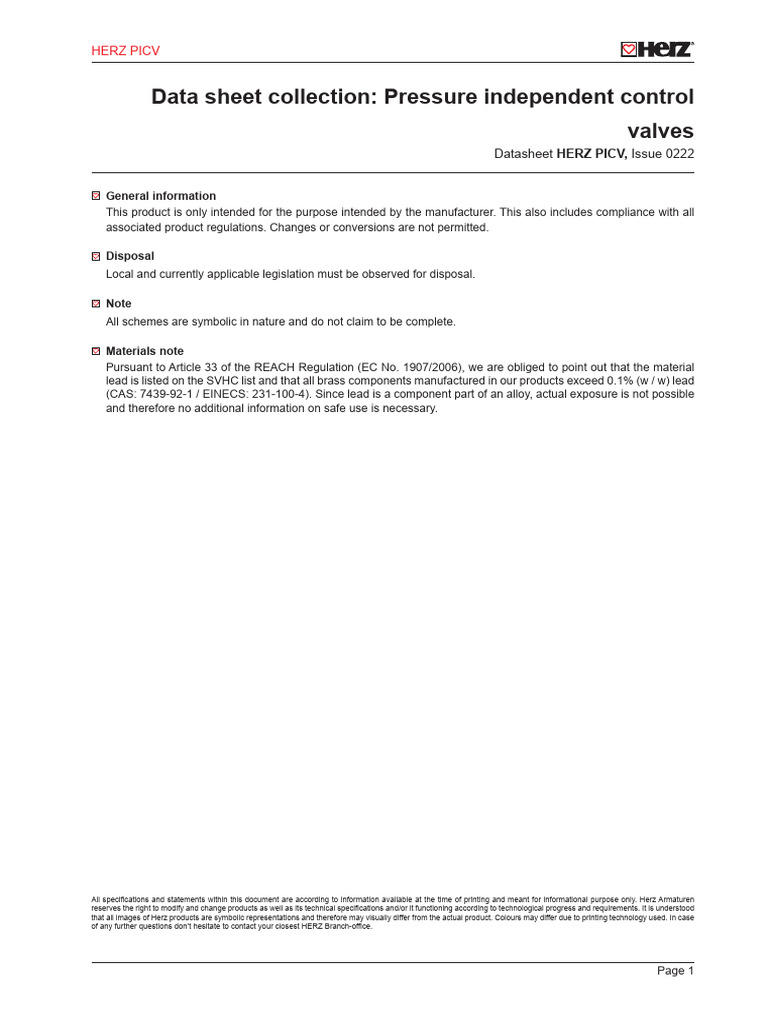 HERZ PICV Valve Datasheet | PDF | Materials | Mechanical Engineering