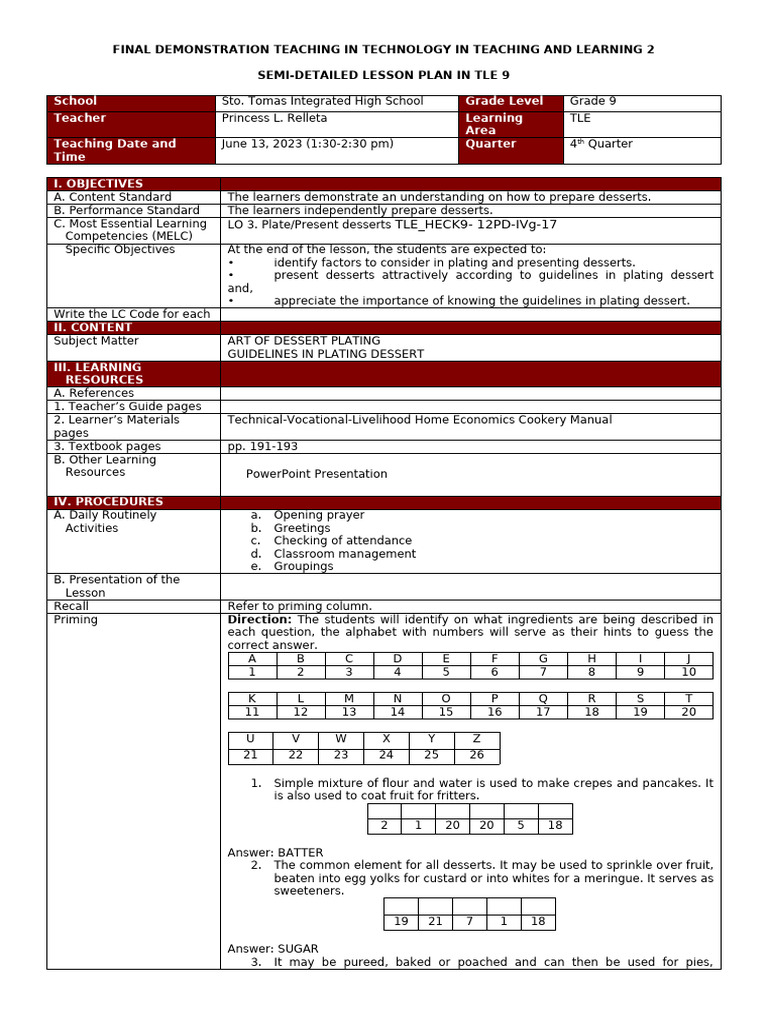 4A S Lesson Plan For Final Demo in Cookery 9 | PDF | Desserts | Cuisine