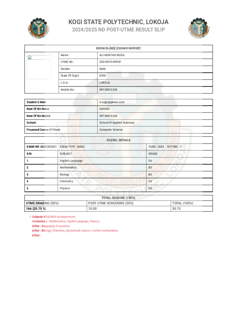 Slip - Utme - Kogi State Poly | PDF
