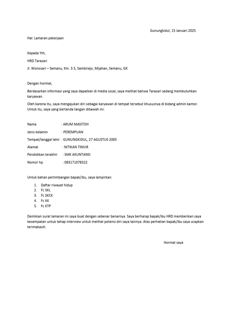 Surat Lamaran Arum Masitoh | PDF