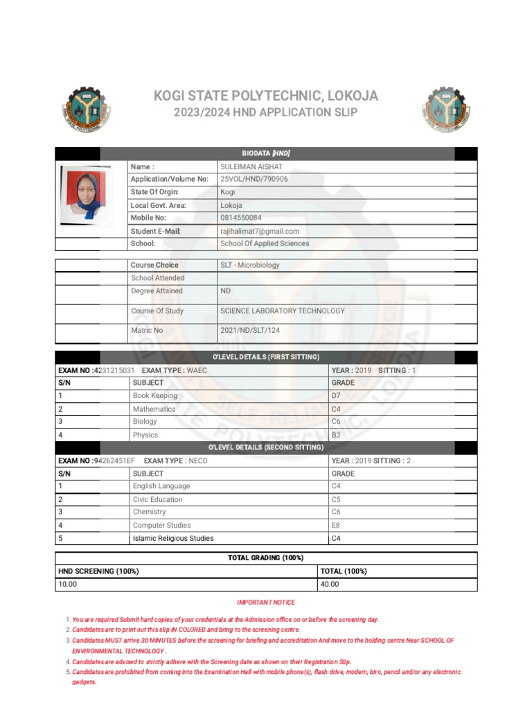 Application Slip - Kogi State | PDF | Qualifications | Educational Stages