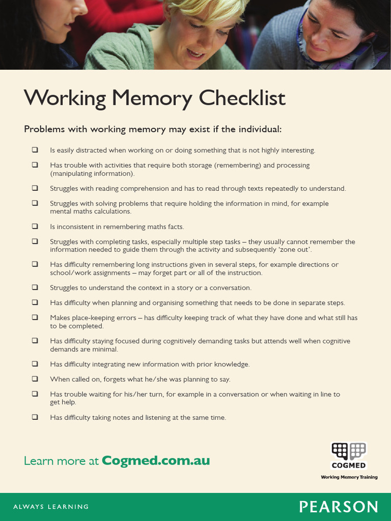 Working Memory Checklist Adults | PDF