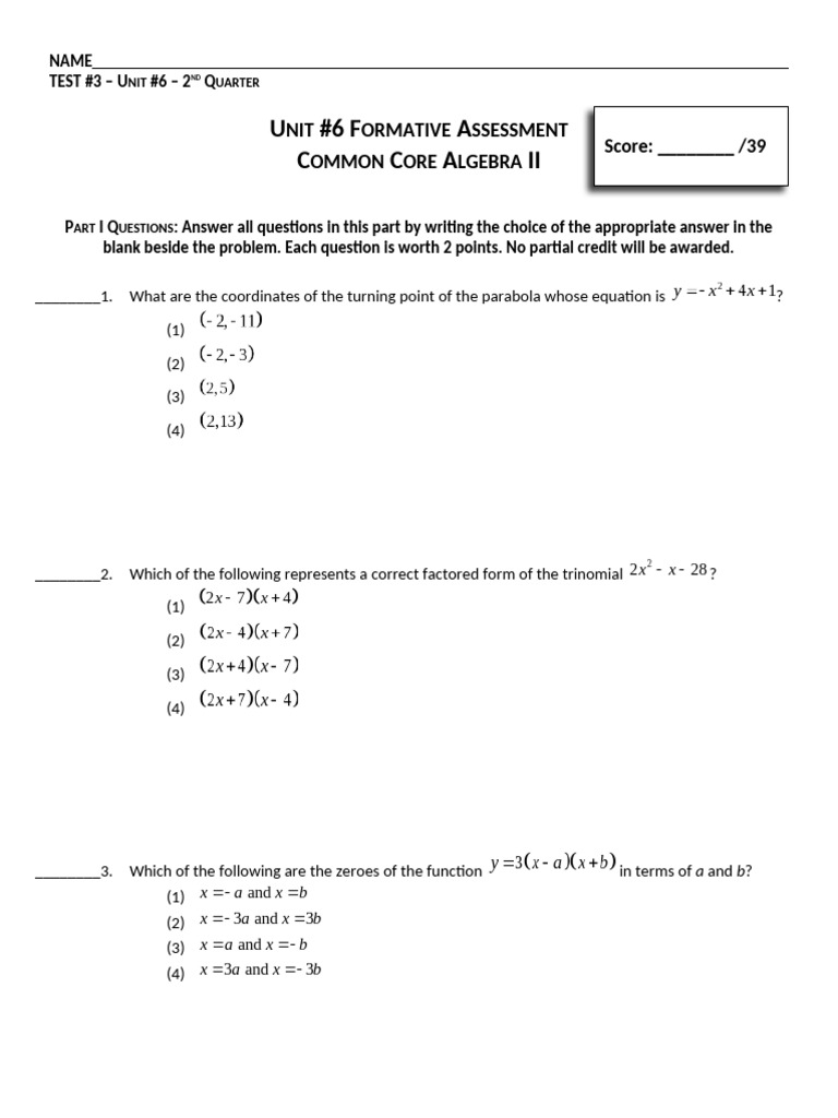 Algebra II Unit 6 Assessment Guide | PDF | Elementary Mathematics | Algebra