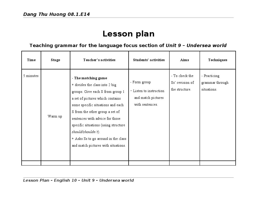 Lesson Plan Language Focus Unit 9 English 10 | PDF | Lesson Plan ...
