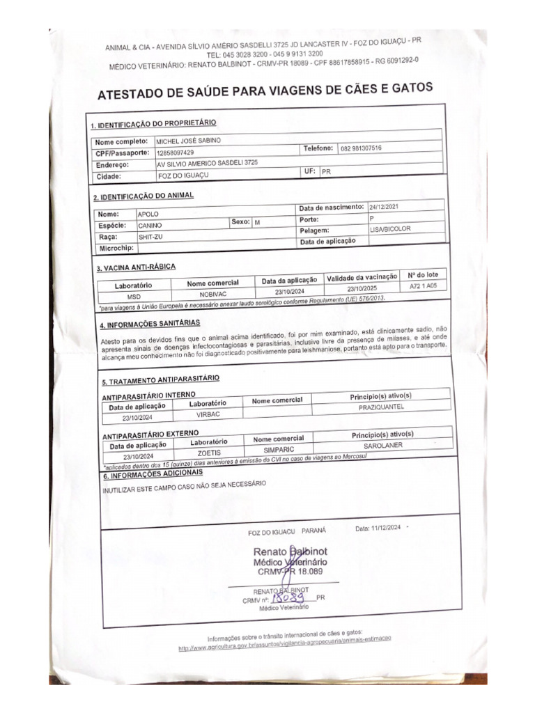 Atestado de Saúde para Viagens de Cães e Gatos | PDF