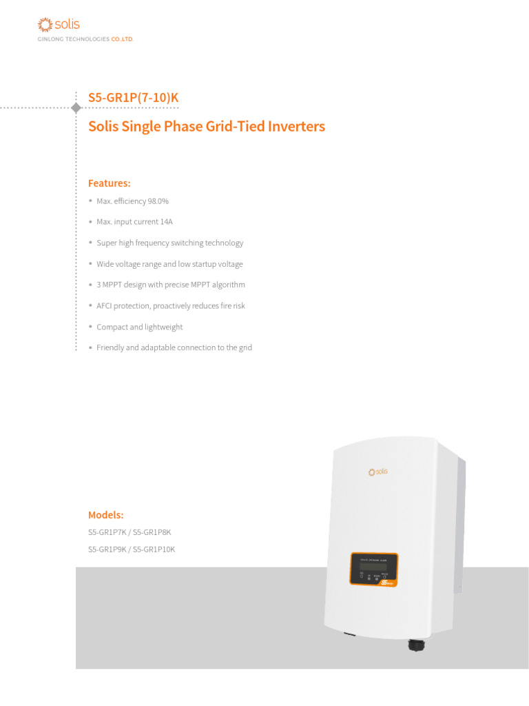 Solis Datasheet S5-GR1P (7-10) K Global V4,0 2023 11 | PDF | Electrical Grid | Power Inverter