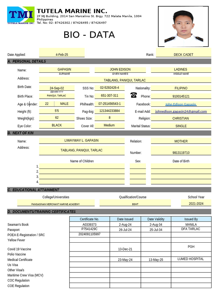 Biodata Blank Form - Deck Tmi | PDF | Shipping