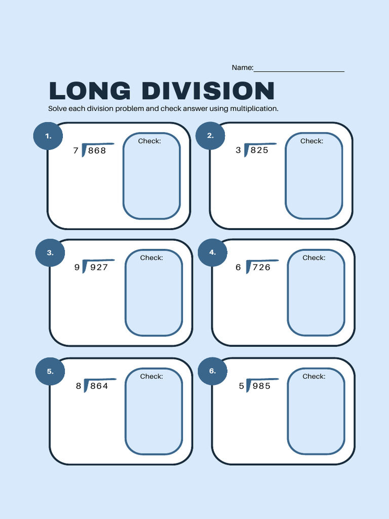 Long Division and Multiplication Math Printable Worksheet in Blue White ...