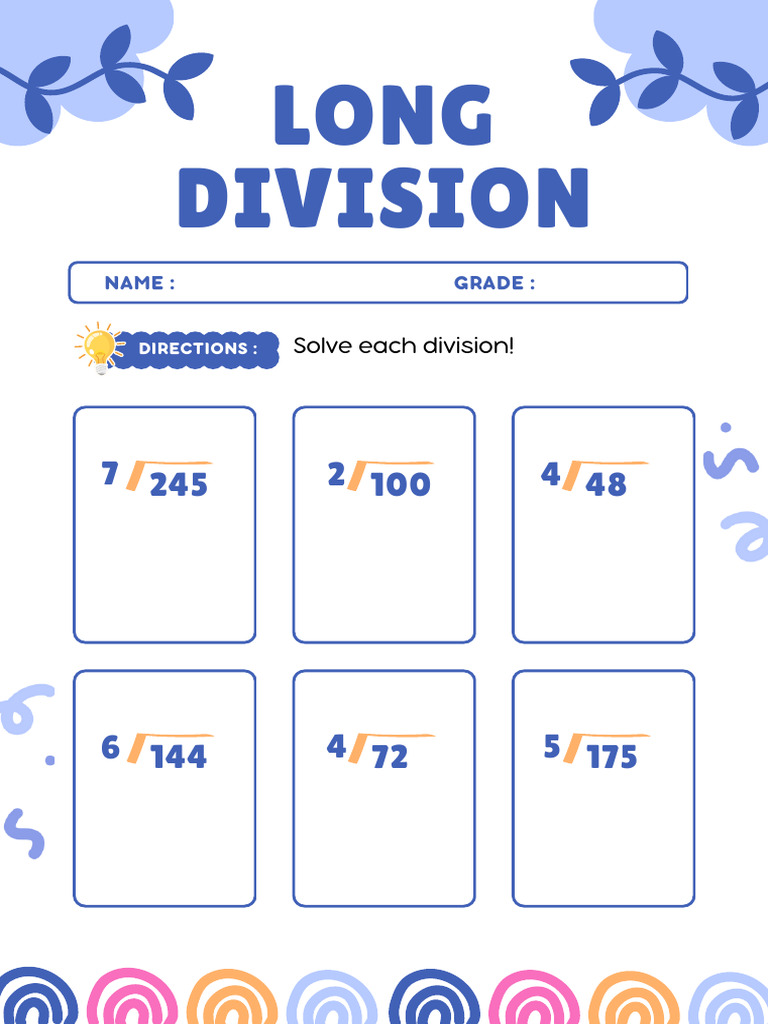 Long Division Worksheet in White Blue Playful Style | PDF