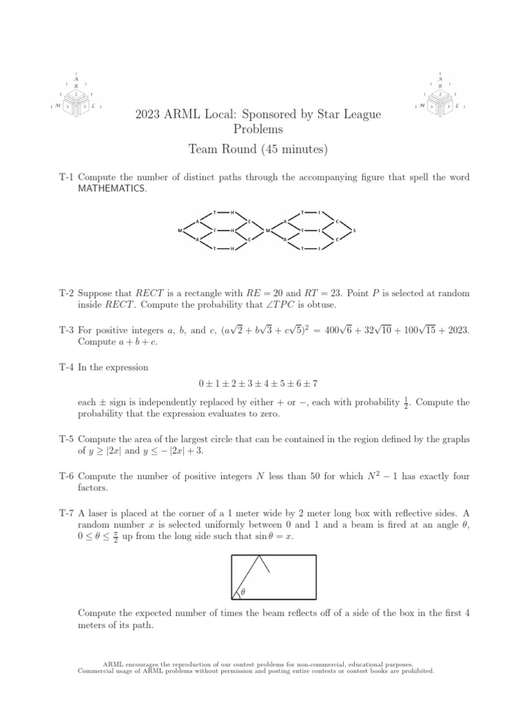 ARML Local 2023 Problems | PDF | Numbers | Square Root