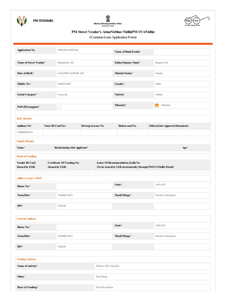 PM SVANidhi Loan Application Form | PDF | Loans | Credit