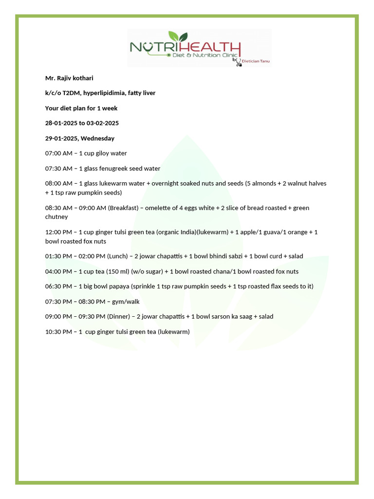 Weekly Diet Plan for Hyperlipidemia | PDF