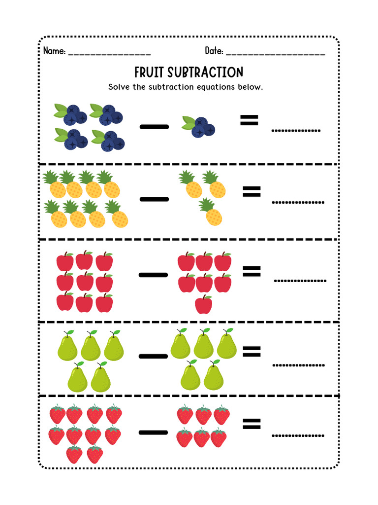 Colorful Fruit Subtraction Worksheet in Illustrative Style | PDF