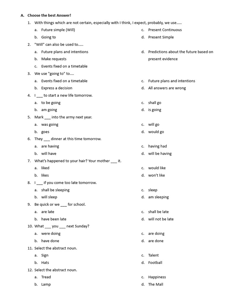 Future Tenses and Abstract Nouns Quiz | PDF | Syntax | Linguistics