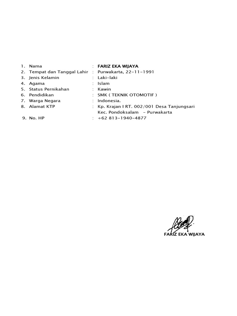 Lamaran Kerja Fariz Eka Wijaya | PDF