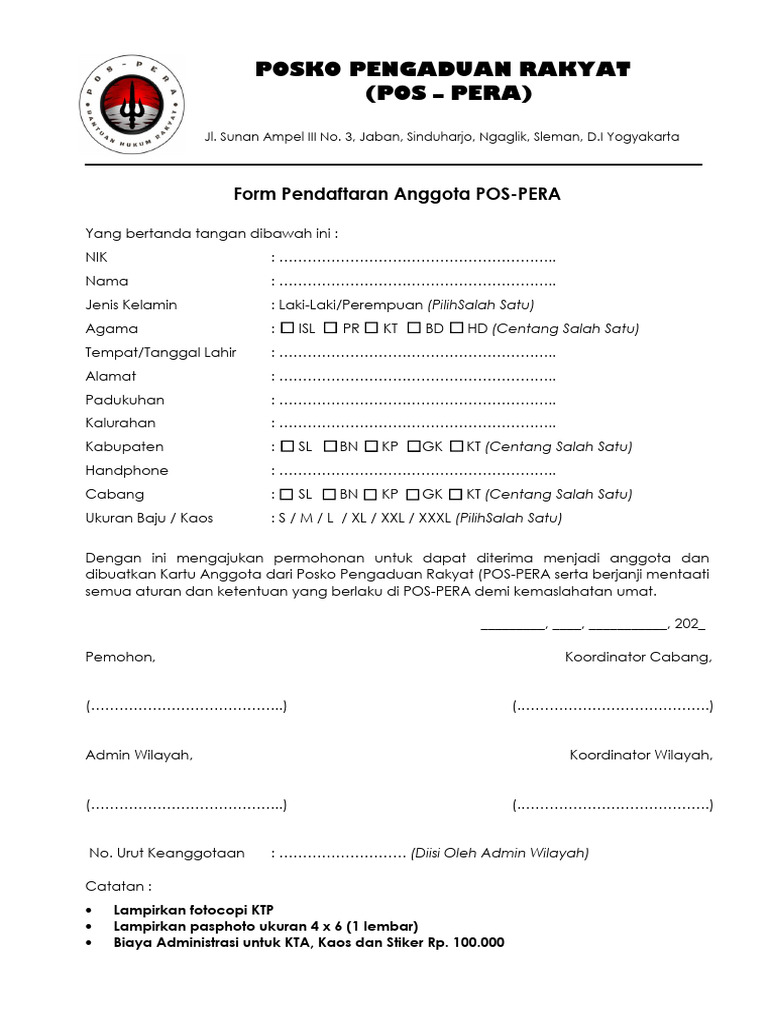 Form Pendaftaran Anggota Pos-pera Diy | PDF