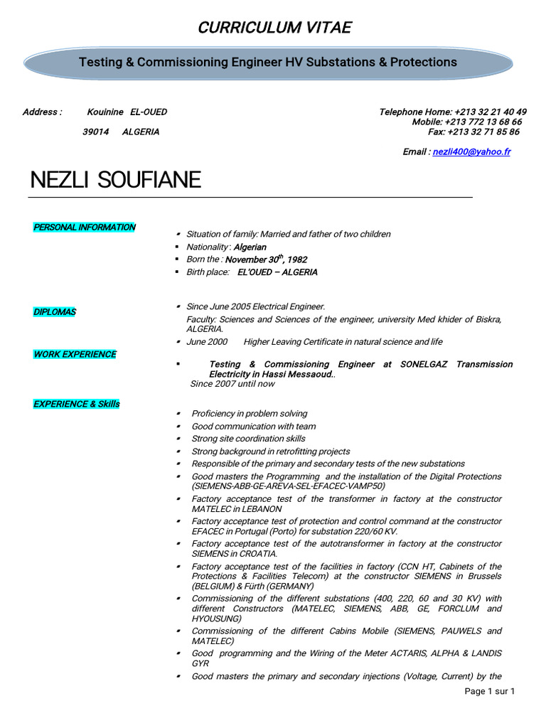 CV_NEZLI_Soufiane-17Yrs | PDF | Transformer | Electric Power