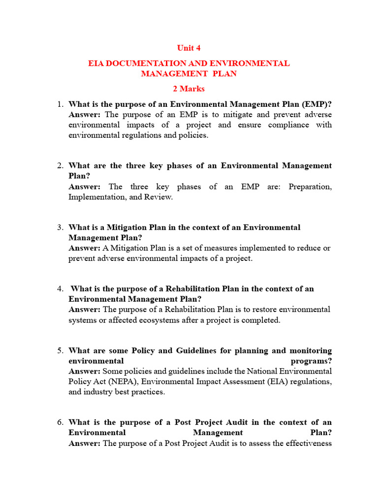 EIA-Unit 4 EIA DOCUMENTATION AND ENVIRONMENTAL MANAGEMENT PLAN - 2 Marks | PDF | Environmental ...