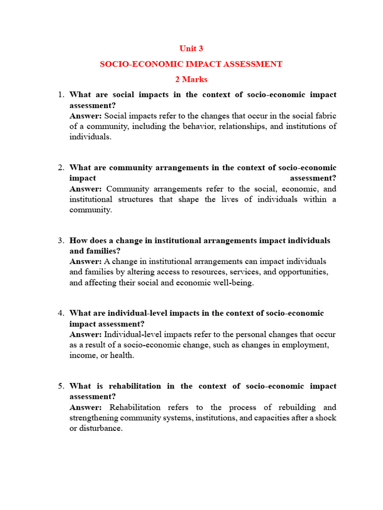 EIA-Unit 3 SOCIO-ECONOMIC IMPACT ASSESSMENT - 2 Marks | PDF | Economics ...