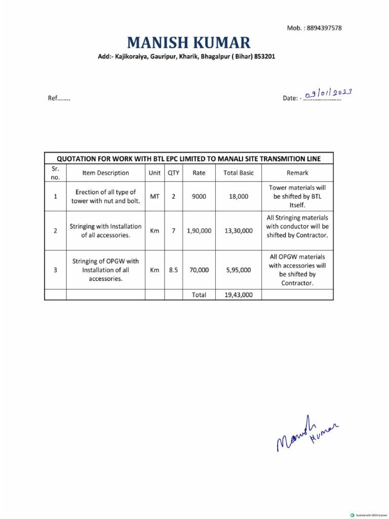Manish QUOTATION and Documents | PDF