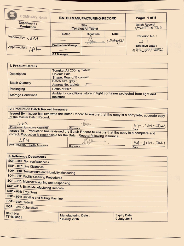 Batch Record 1 | PDF | Tablet (Pharmacy)