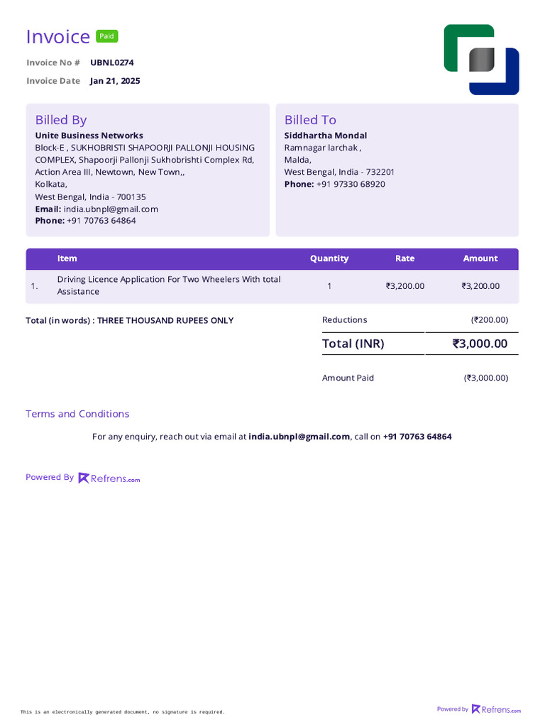 Invoice UBNL0274 - Paid for Driving License | PDF