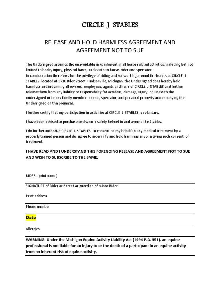 CIRCLE J Stables Liability Waiver Form | PDF | Lifestyle