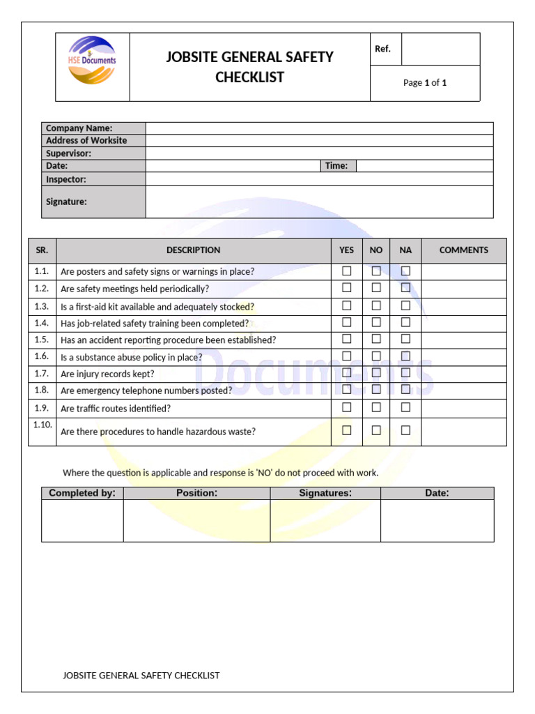 JOBSITE GENERAL SAFETY CHECKLIST | PDF