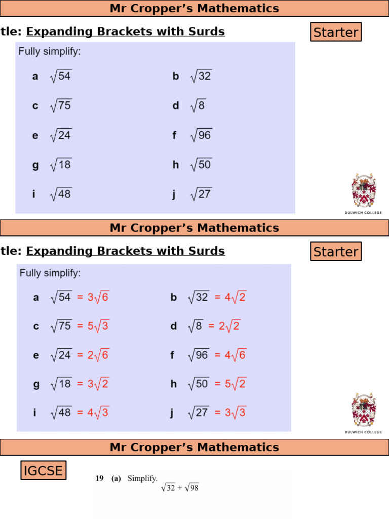 Year 9 - Double Brackets Surds | PDF
