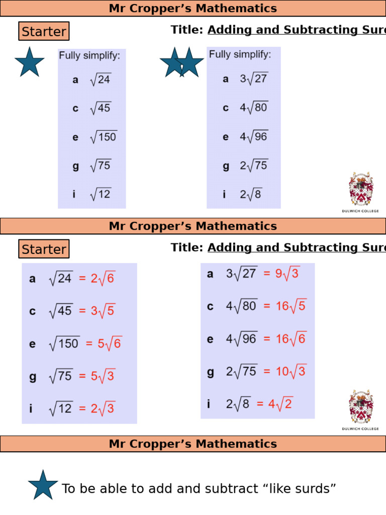 Surds: Adding & Subtracting Basics | PDF