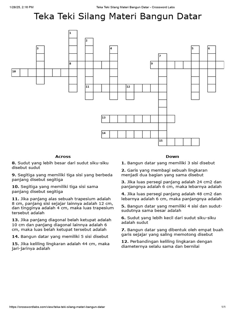 Teka Teki Silang Materi Bangun Datar - Crossword Labs | PDF