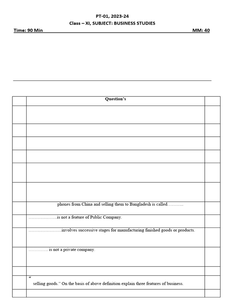 Practice Paper Class Xi B.ST PT 1 2023-24 | PDF | Partnership | Business