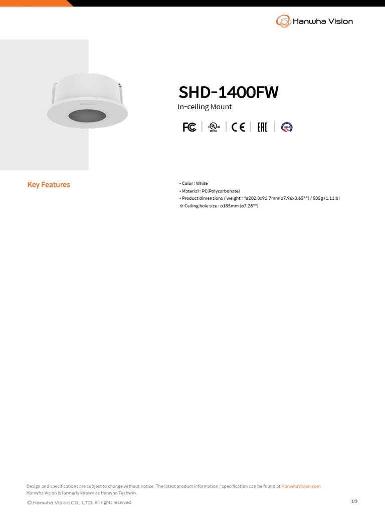 SHD-1400FW In-ceiling Mount Specs | PDF