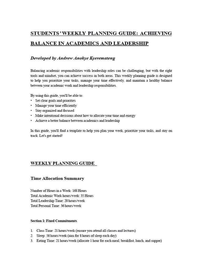 STUDENTS’WEEKLY PLAN 1 - By Andrew Anokye | PDF