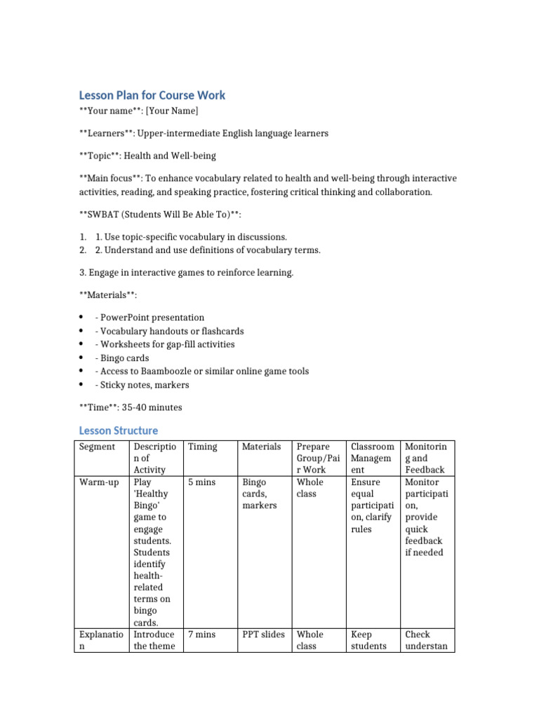 Health Vocabulary Lesson Plan | PDF | Lesson Plan | Vocabulary
