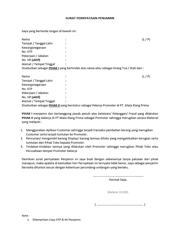 Surat Pernyataan Penjamin Indodana | PDF