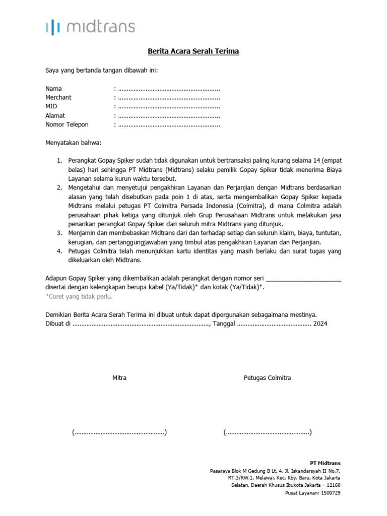 Berita Acara Serah Terima - Penarikan Gopay Spiker | PDF