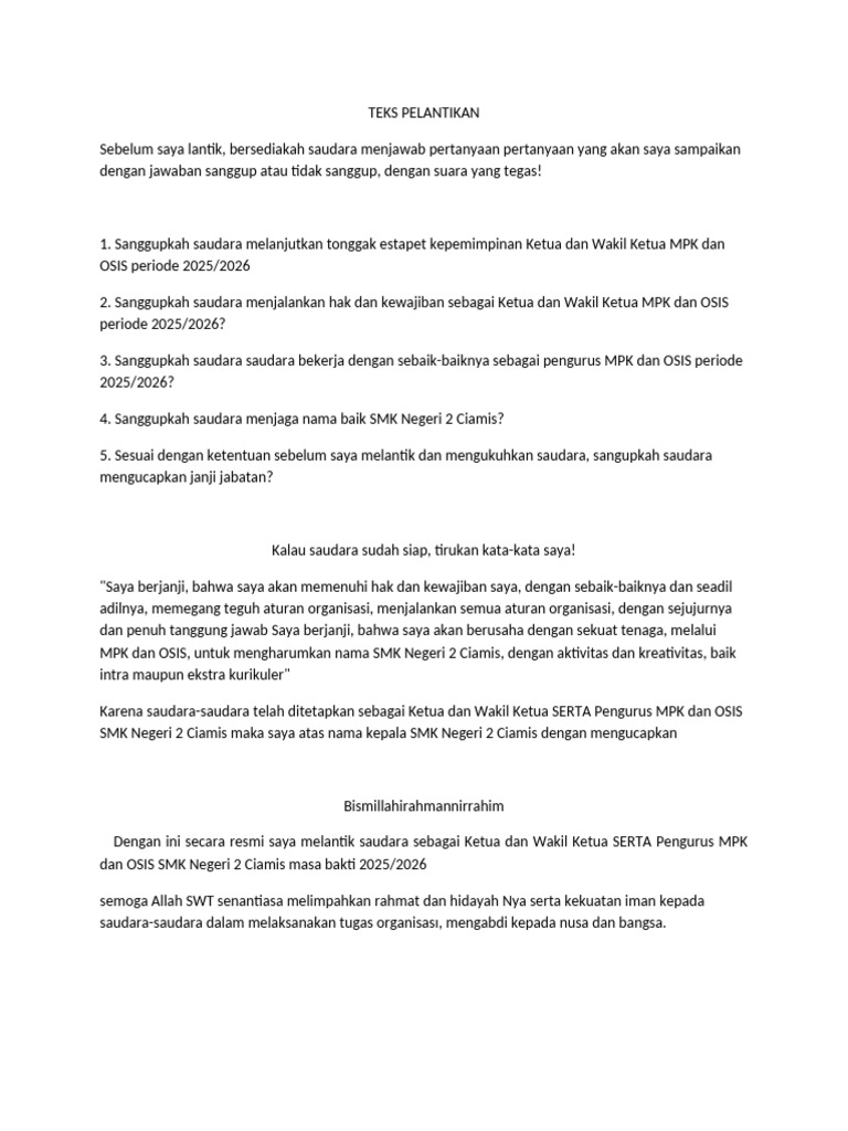 Pelantikan Ketua dan Wakil OSIS 2025/2026 | PDF