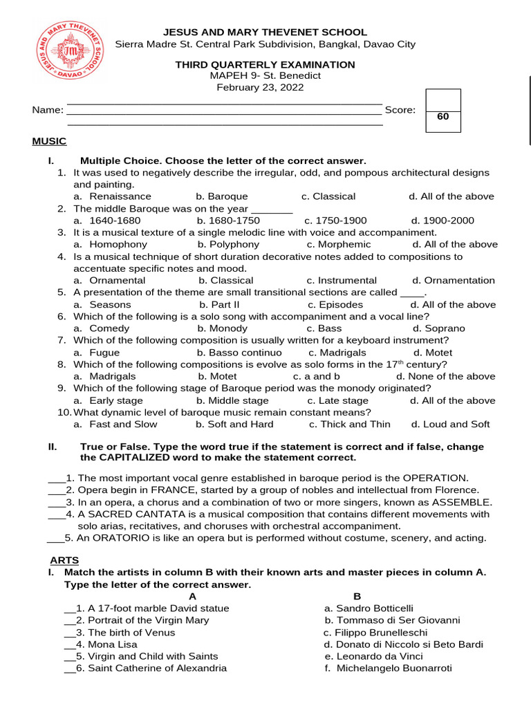 MAPEH 9 | PDF | Baroque Music | Classical Period (Music)