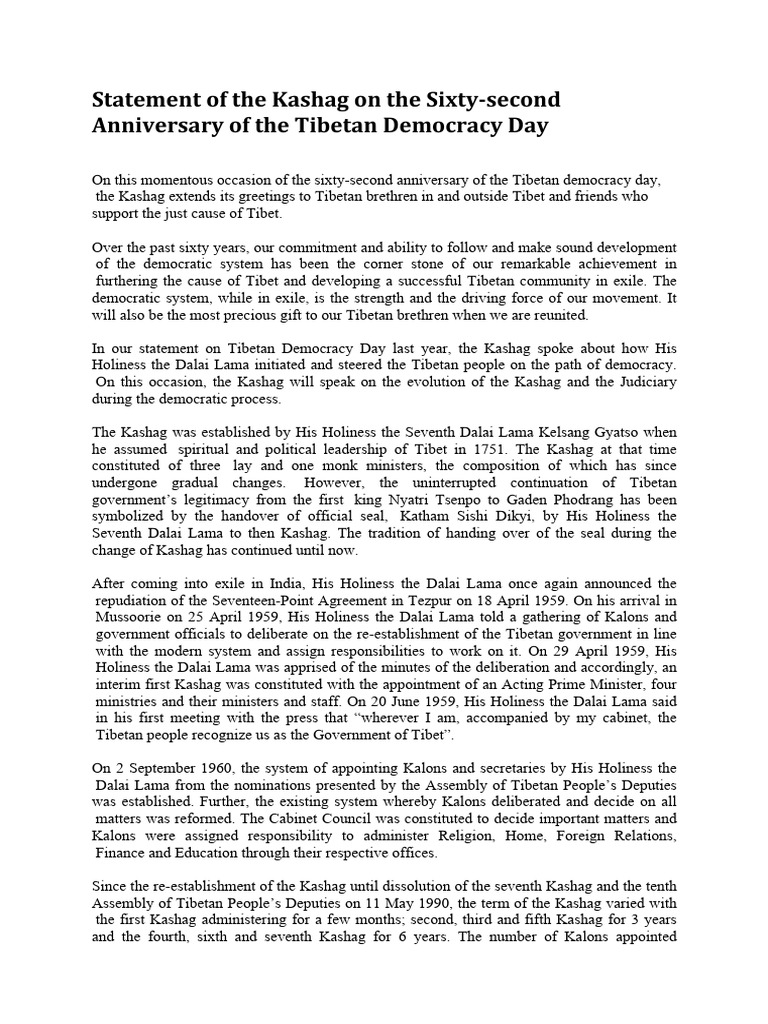 Kashag's Statement on Tibetan Democracy Day | PDF | Government | Tibet