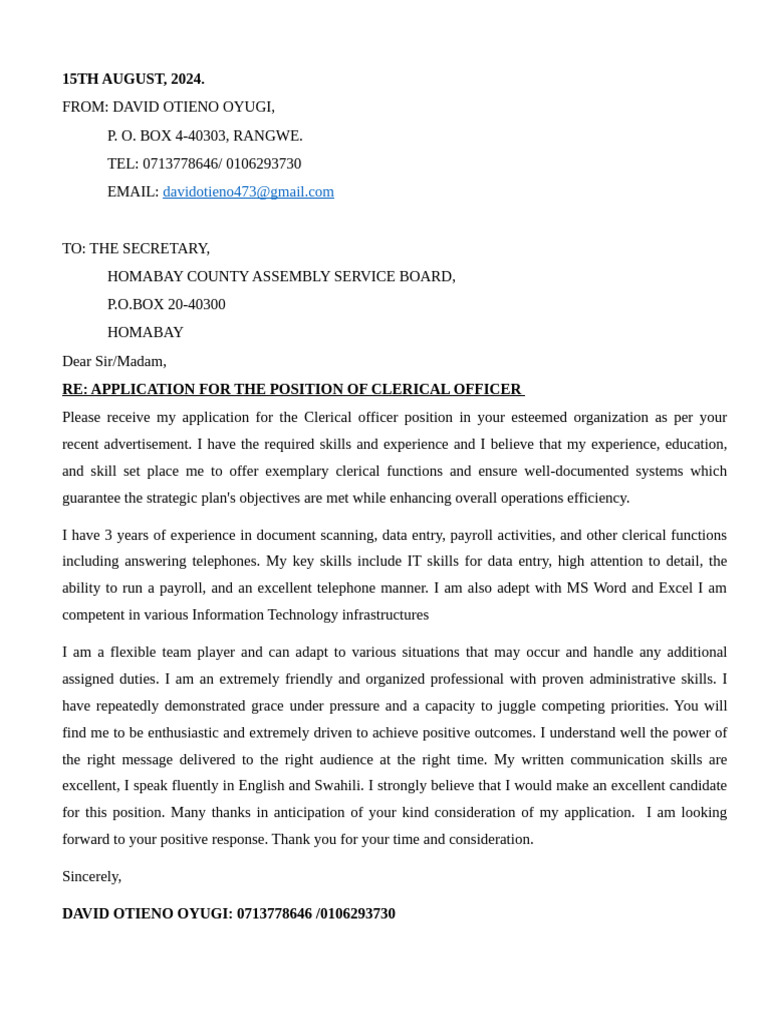 Application For Clerical Officer Position | PDF